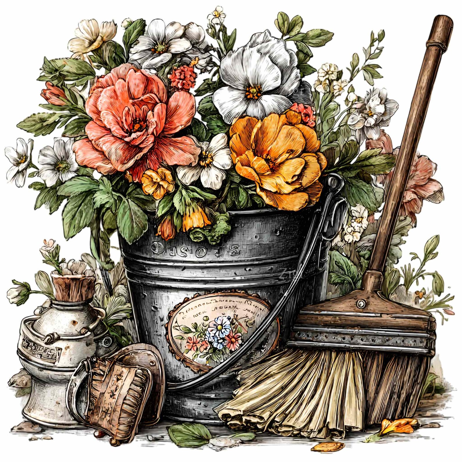 10 PNG Vintage Garden Tools PNG – Floral Bucket Clipart – Rustic Decor ...