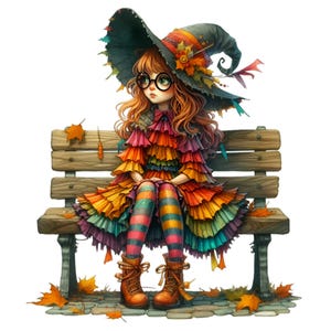 12 Autumn Witch PNG Clipart, Whimsical Witch With Hat Sitting on Bench ...