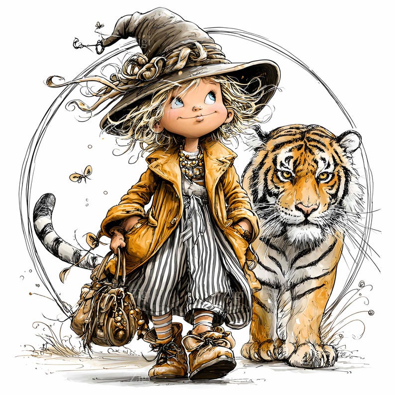 12 JPG Tiger Witch Clipart, Whimsical Girl Illustration, Fantasy ...