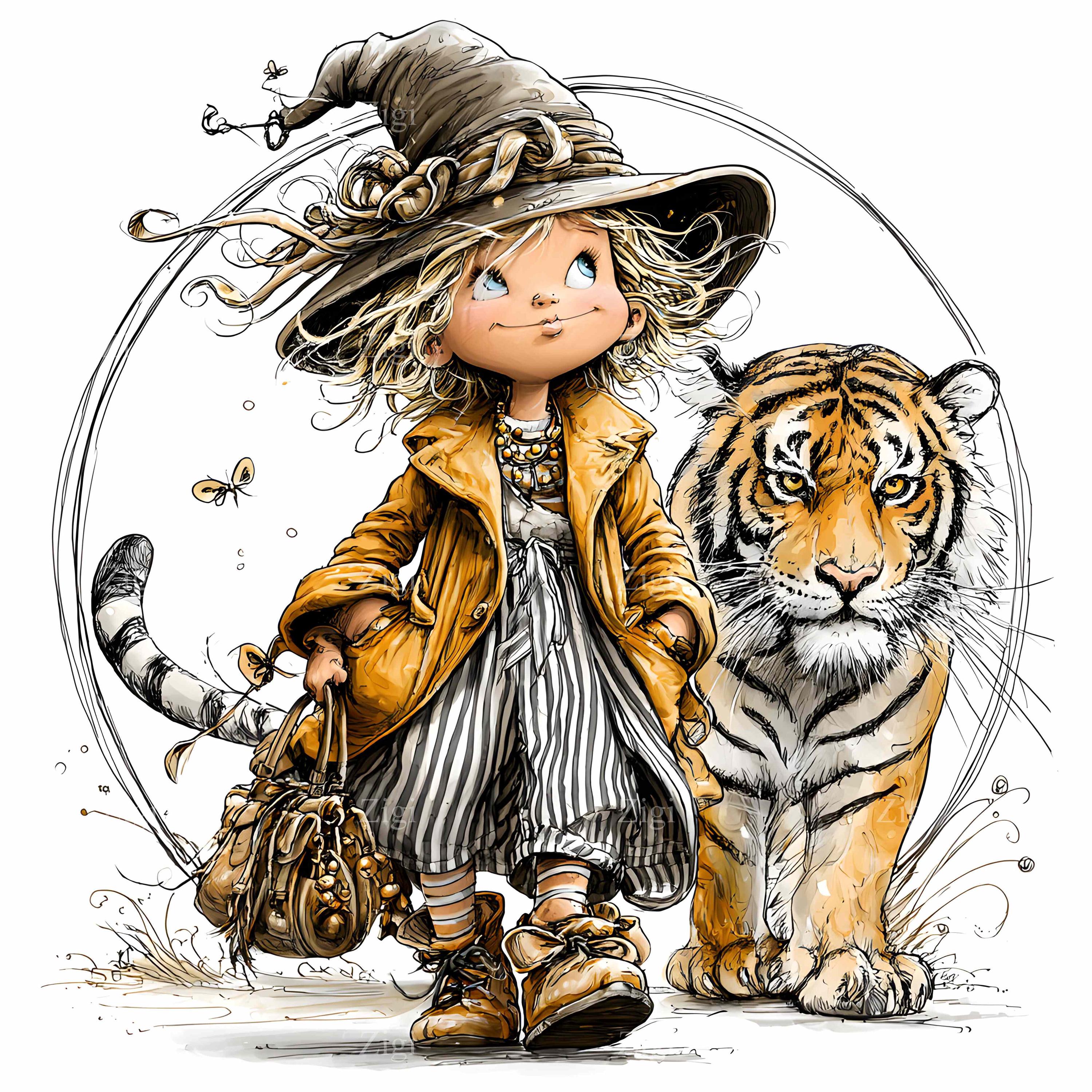 12 JPG Tiger Witch Clipart, Whimsical Girl Illustration, Fantasy ...