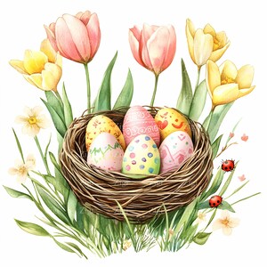 16 JPEG Spring Easter Clipart - Colorful Painted Eggs in Nest With ...