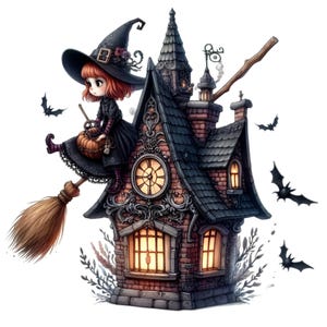 Cute Witch Flying Over Haunted House Clipart 14 Whimsical Halloween Illustration PNG Spooky ...