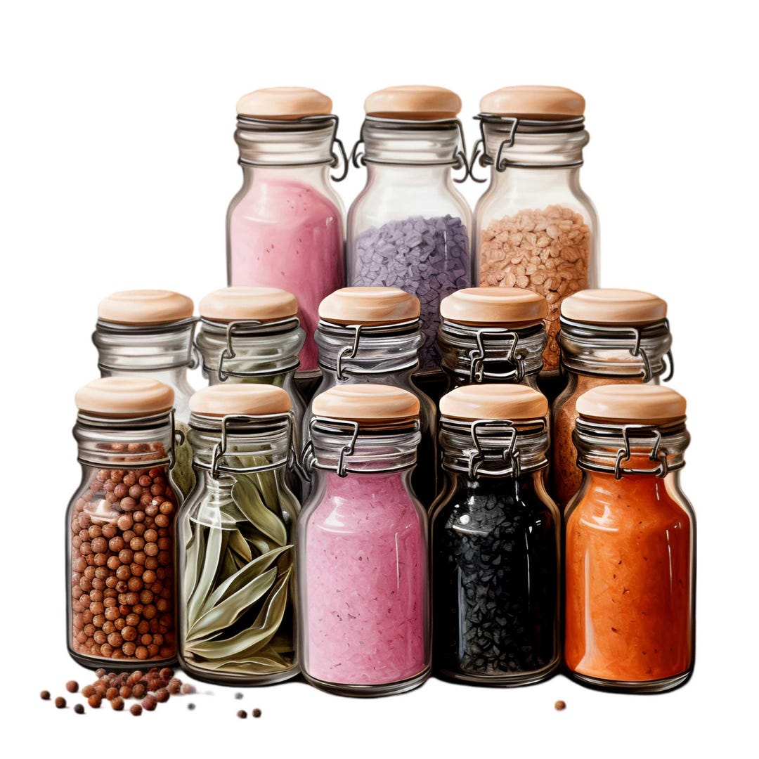 15 Rustic Spice Jars Clipart PNG - Assorted Ingredients, Glass ...
