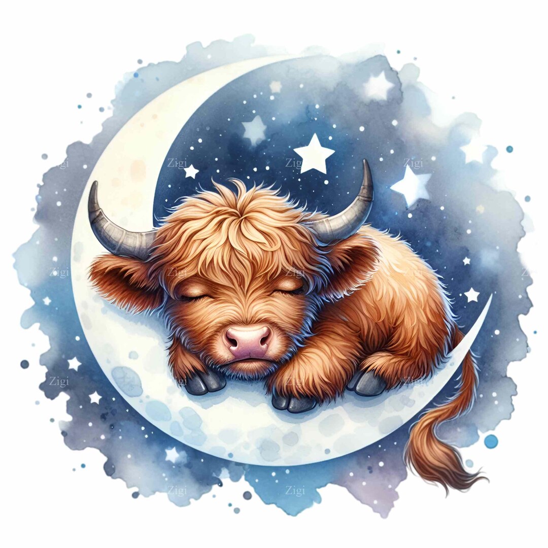 Highland Cow Sleeping on Crescent Moon PNG Clipart, 14 Cute Night Sky ...