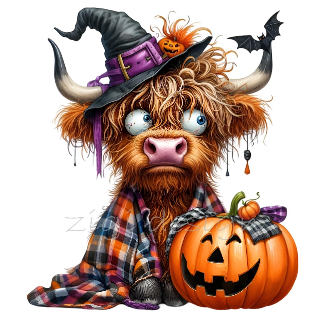 Halloween Highland Cow Clipart, Witch Hat Cow With Pumpkin PNG, 14 ...