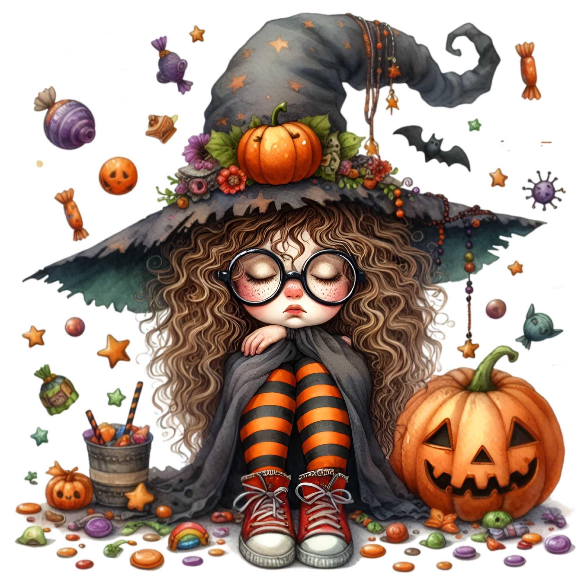 12 PNG Halloween Witch Girl Clipart – Cute Pumpkin Witch With Candy ...