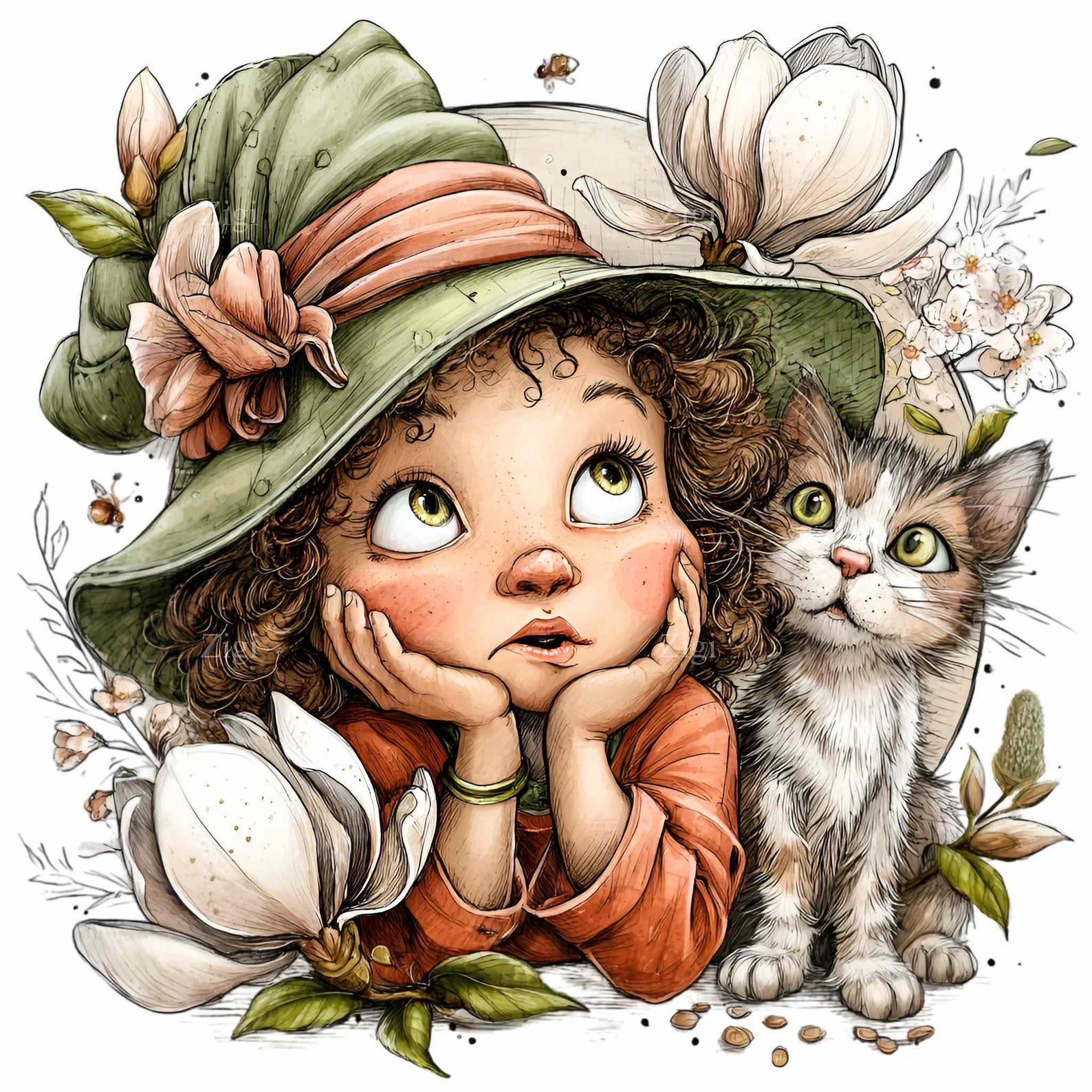 10 PNG Magnolia Girl Clipart – Red Hair PNG With Cat and Flowers ...