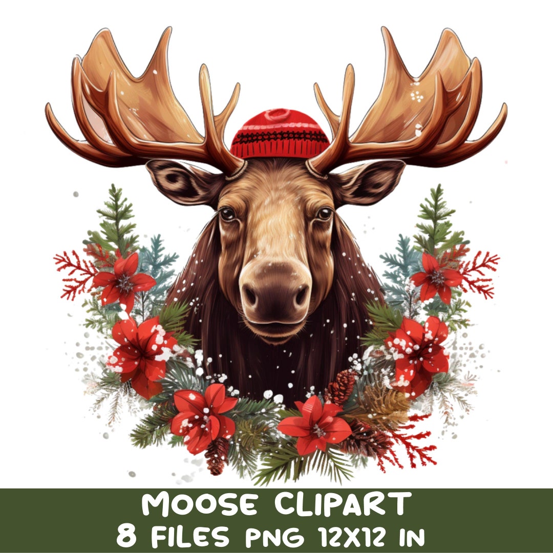 Christmas Moose Clipart Bundle, Watercolor 8 PNG Holiday Winter ...