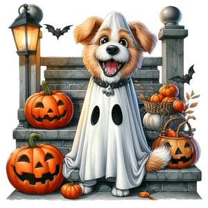 Halloween Dog in Ghost Costume Clipart Cute Fluffy Dog With Jack-o ...