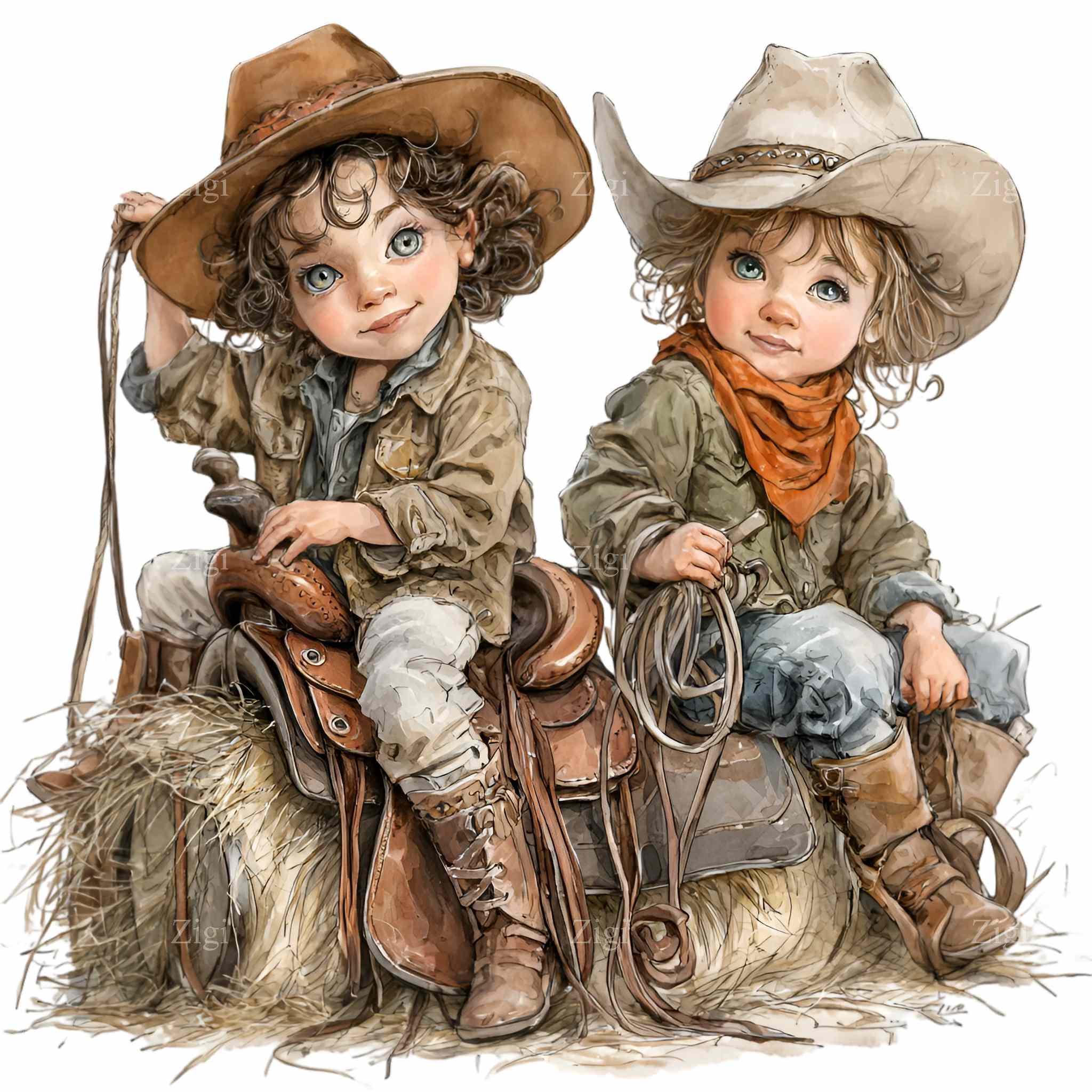 15 PNG Cowboy Kids Clipart, Western Children Illustration, Watercolor ...