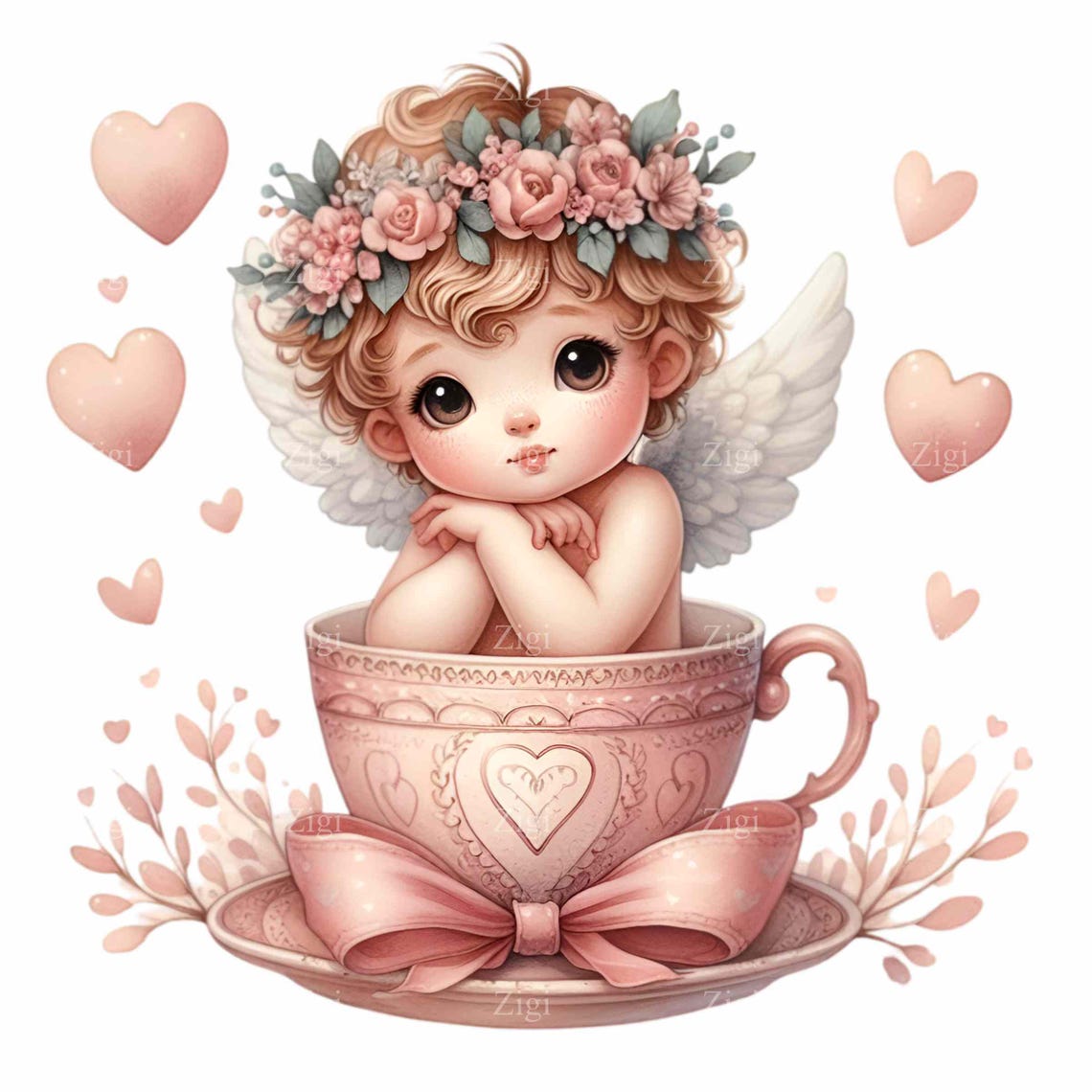 15 PNG Teacup Angel – Valentine Cupid Illustration With Floral Crown ...