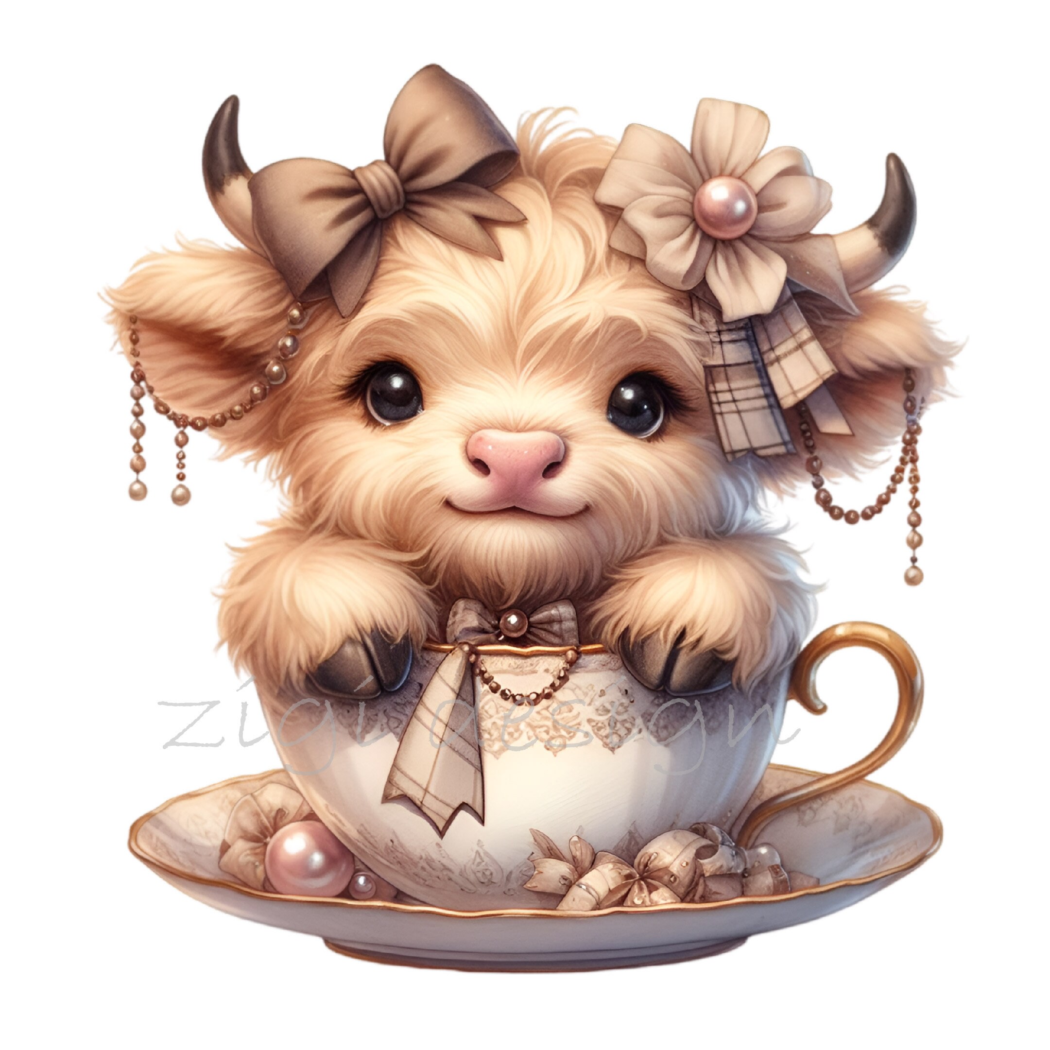 12 PNG Pink Highland Cow Clipart, Teacup Calf Bow Vintage Watercolor - Etsy