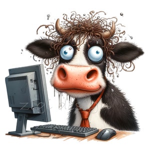 Cow Works on the Computer Office 10 PNG Comics Animal Funny ...