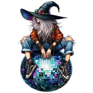 12 Disco Witch PNG – Trendy Halloween Witch Clipart on Mirror Ball With ...
