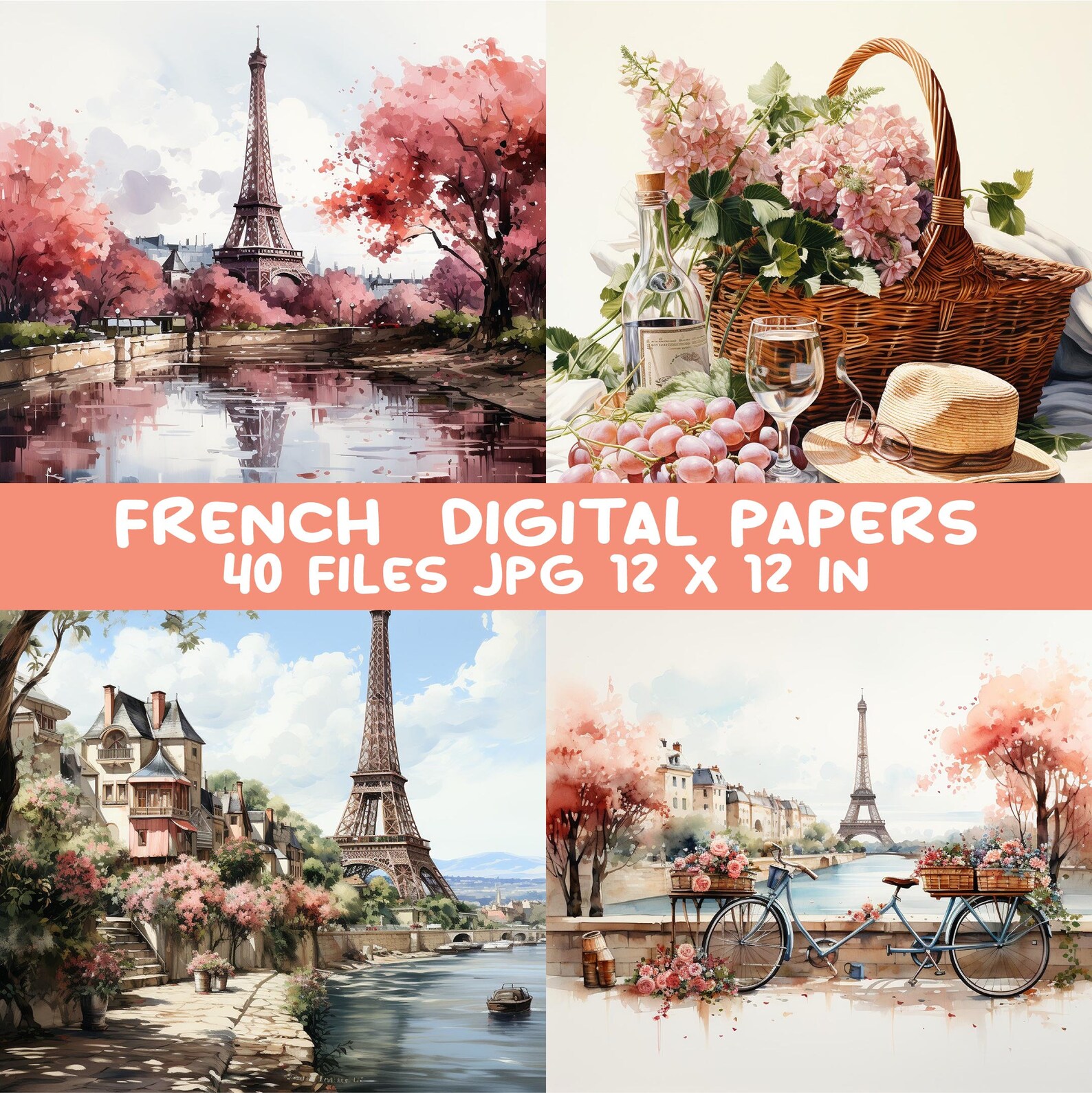 Paris Digital Papers 40 JPG Watercolor, Eiffel Tower Clipart, Parisian ...