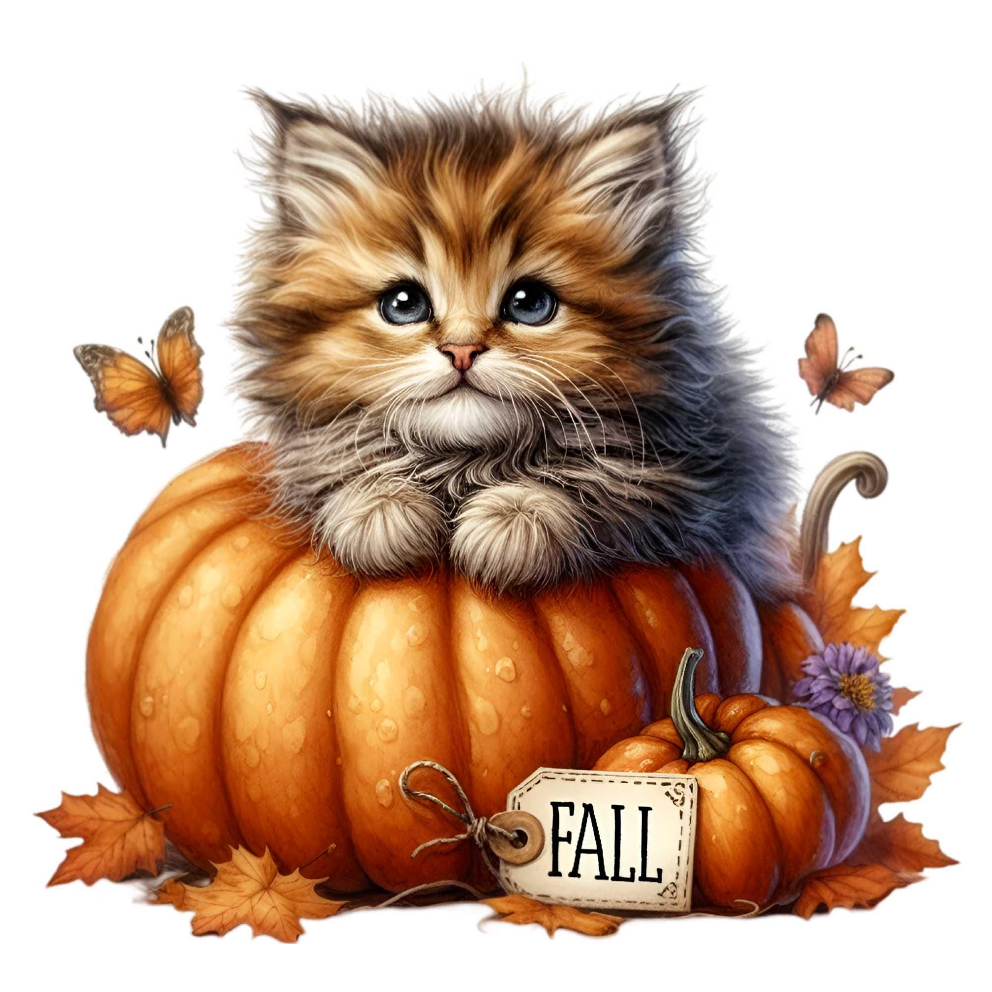12 Fall Kitten PNG Clipart, Cute Fluffy Cat Sitting on Pumpkin With ...