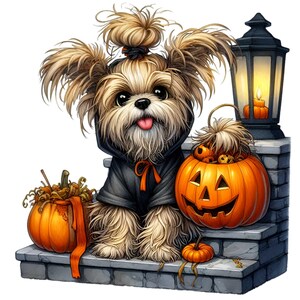 Halloween Dog in Ghost Costume Clipart Cute Fluffy Dog With Jack-o ...