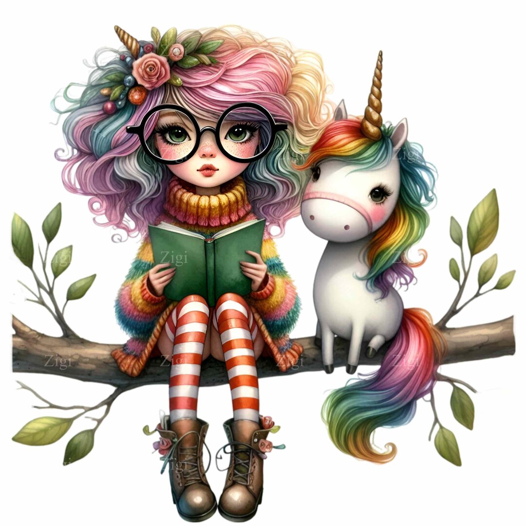 12 Girl and Unicorn PNG Clipart - Rainbow Hair Girl Reading With Cute ...