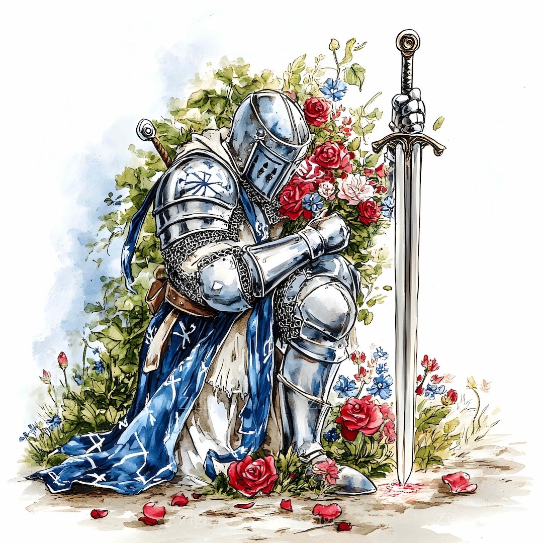24 JPEG Medieval Knight With Sword and Roses Clipart JPG, Armor Warrior ...