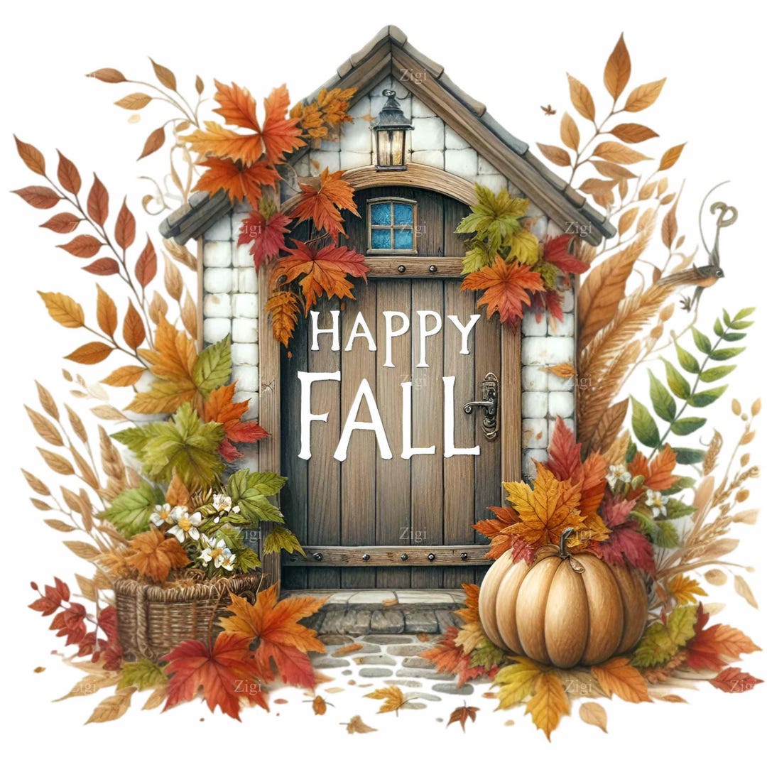 Happy Fall Door PNG Clipart With Autumn Leaves and Pumpkin, 10 Rustic ...