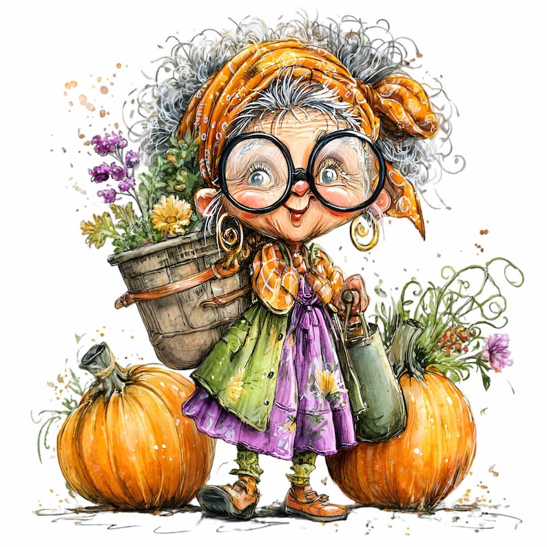 12 PNG Pumpkin Fall Lady Clipart, Autumn Harvest Sublimation Watercolor ...