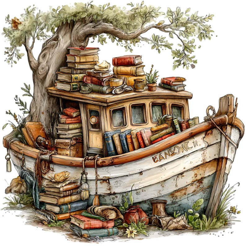 10 PNG Book Boat Clipart – Fantasy Reading Boat Illustration, Storybook ...