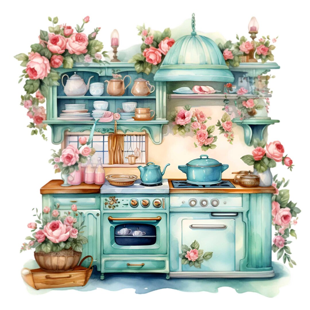 15 Vintage Kitchen PNG Clipart, Retro Aqua Stove With Floral Decor ...