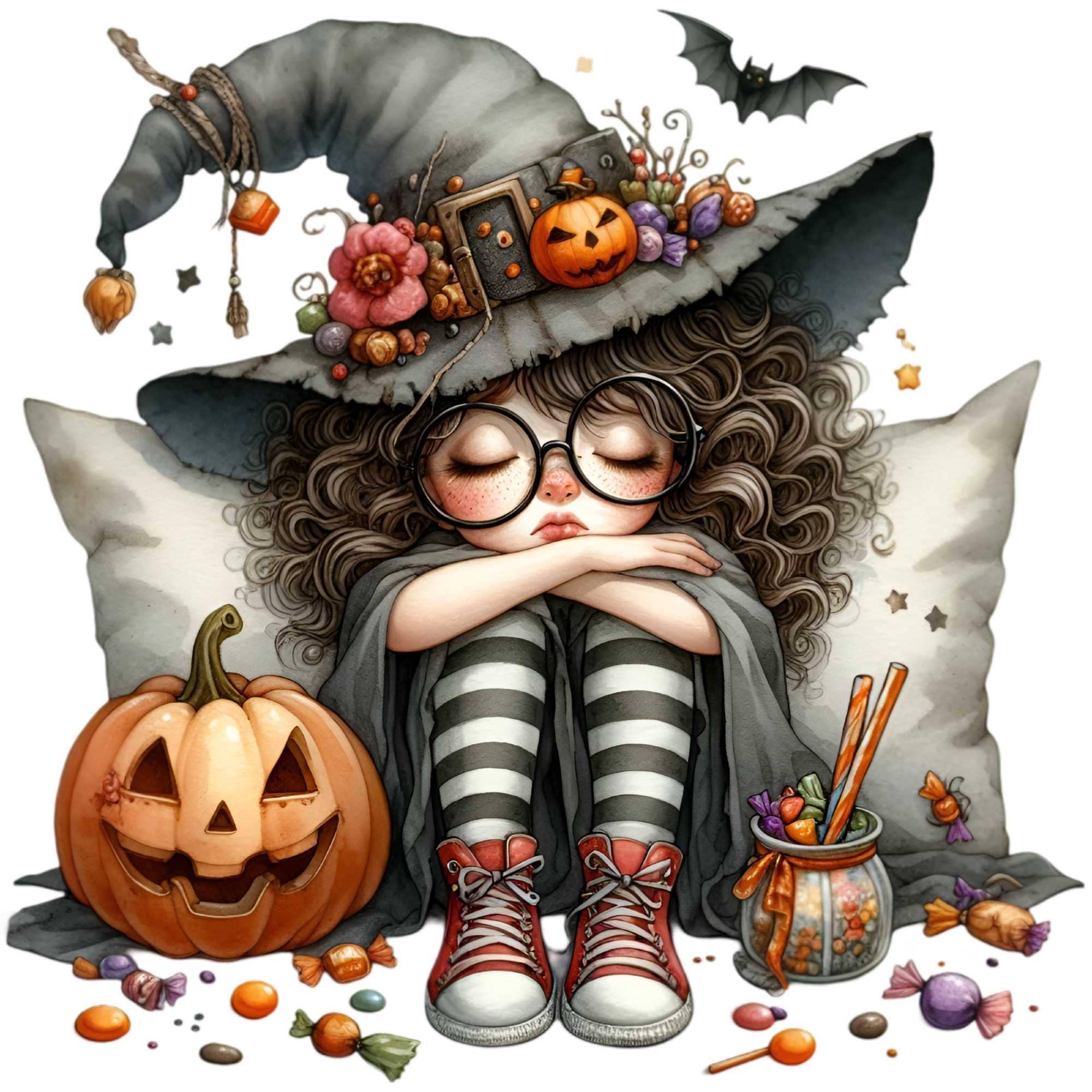 12 PNG Halloween Witch Girl Clipart – Cute Pumpkin Witch With Candy ...