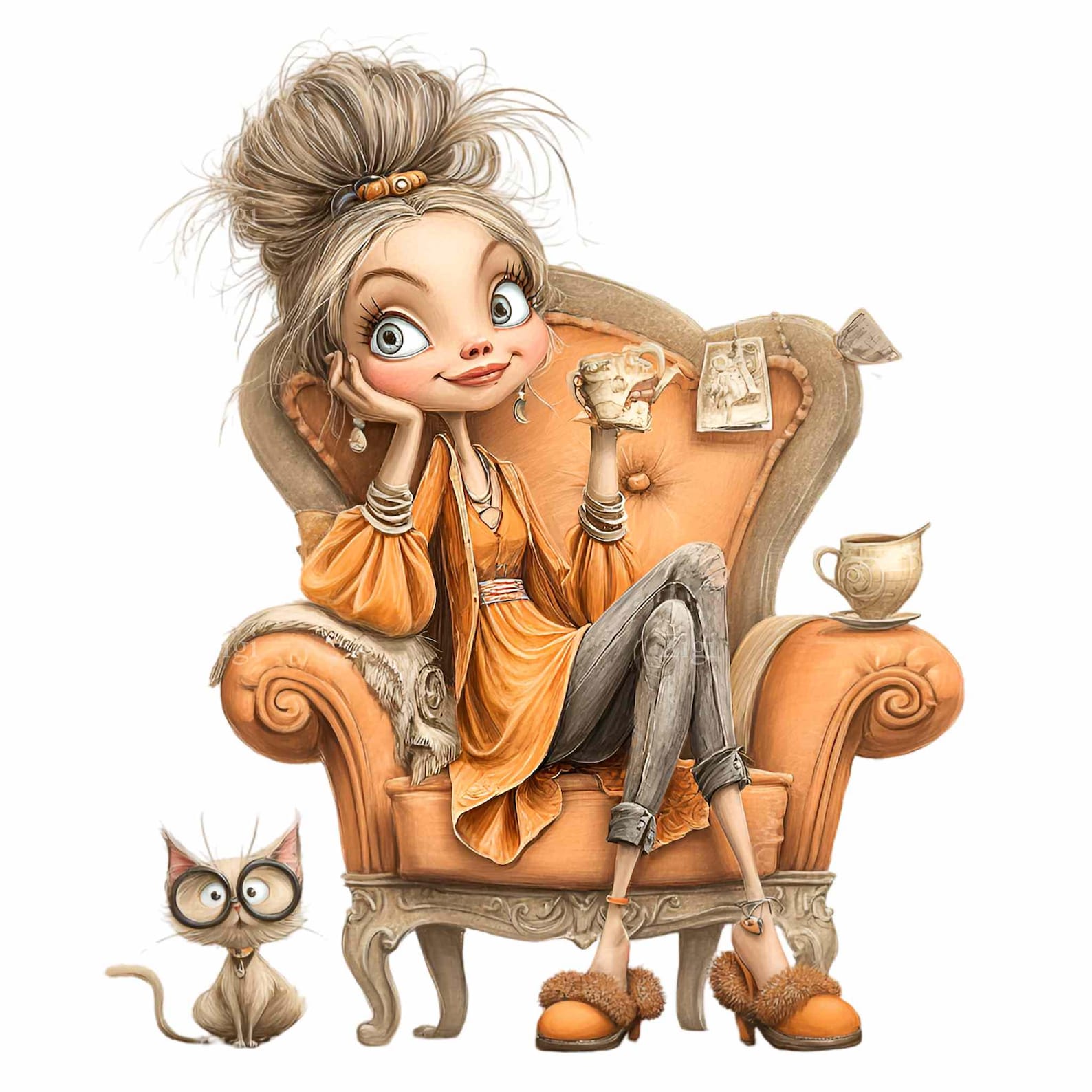 15 PNG Whimsical Lady Clipart - Funny Woman With Cat PNG - Digital ...