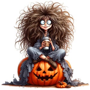 10 Spooky Halloween Girl PNG Clipart, Witchy Coffee Lover With Messy ...