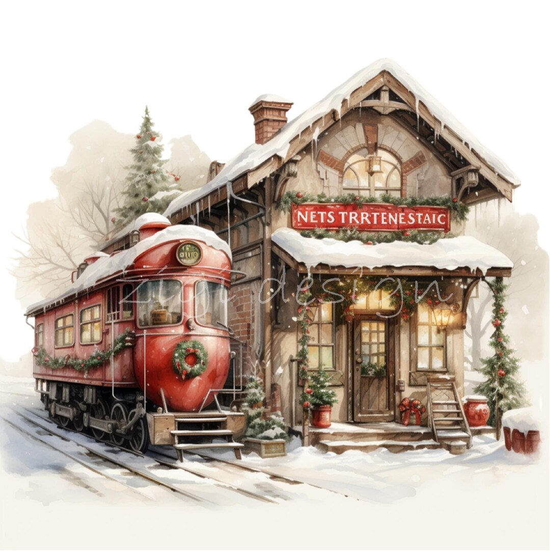 Christmas Train Station Clipart 17 PNG Watercolor Locomotive - Etsy