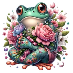 Floral Frog Clipart PNG 15 Cute Frog With Flower Bouquet, Digital ...