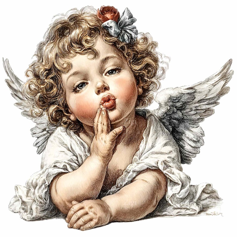 14 imágenes PNG de ángeles vintage: ilustración de querubín besándose ...