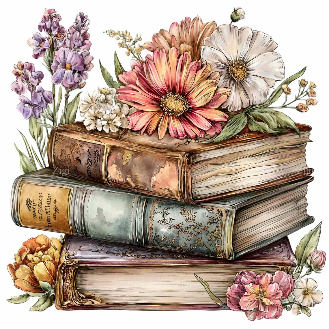 12 PNG Vintage Books Flowers Clipart – Botanical Book Stack ...