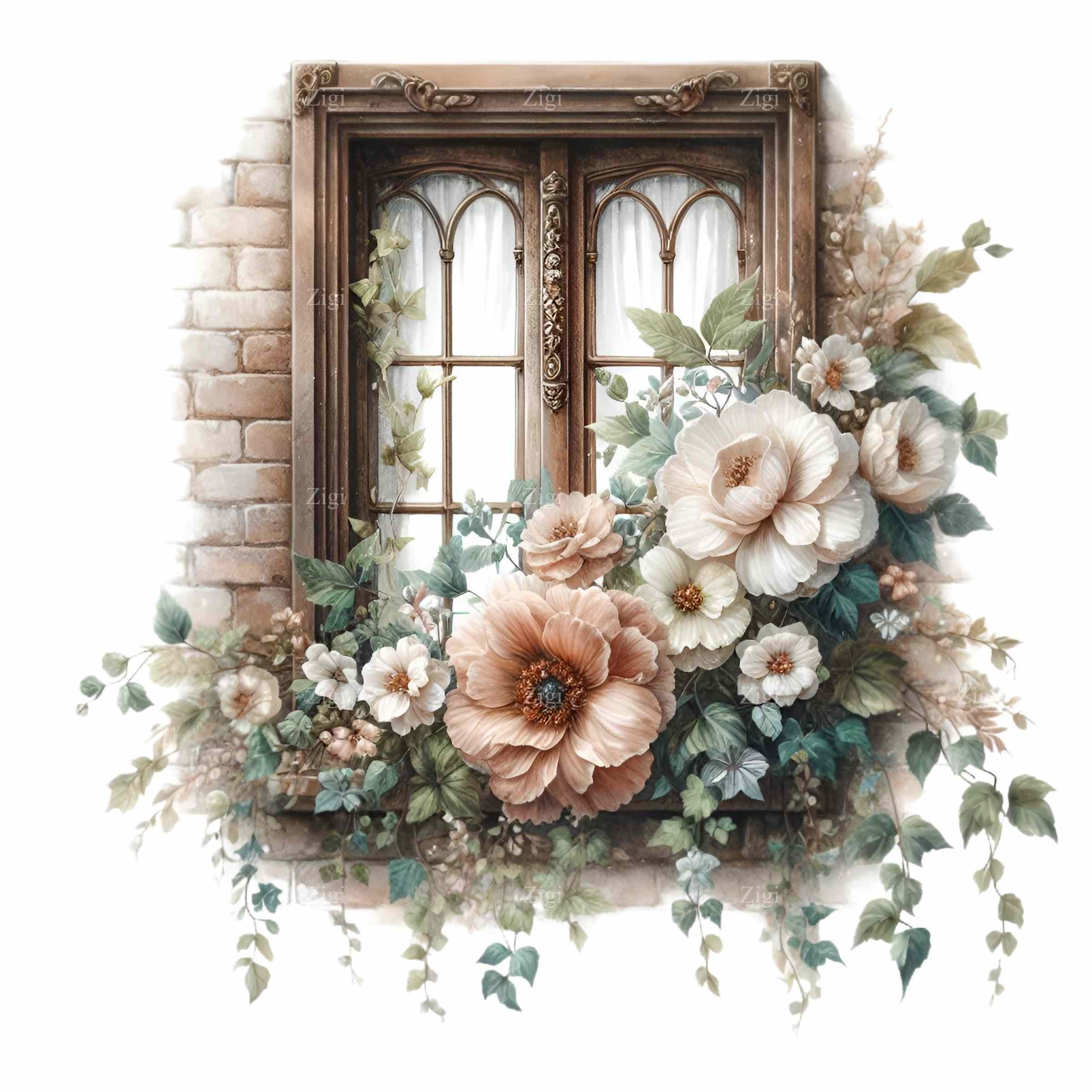 12 PNG Floral Window Clipart – Vintage Cottage Window PNG – Romantic ...