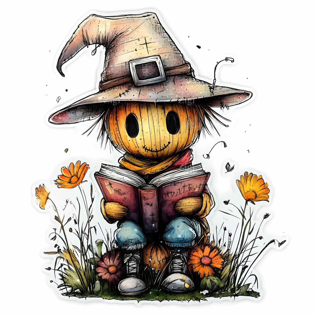 17 JPEG Reading Scarecrow – Cute Halloween JPG Clipart – Fall Book ...