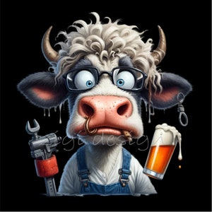 Comics Cow Mechanic Drinking Beer 15 PNG Father Gift Funny Cartoon ...