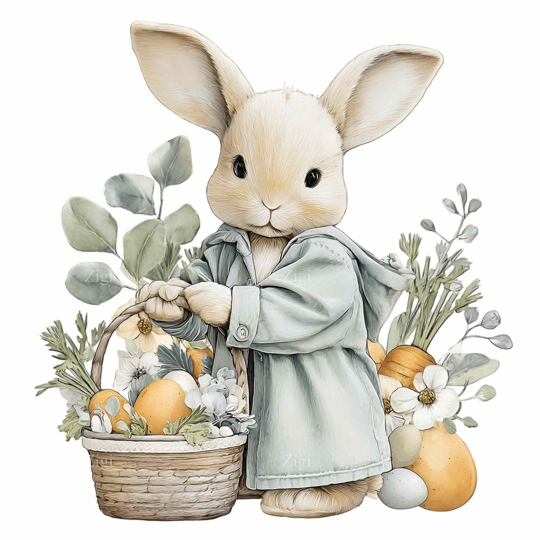 16 PNG Easter Rabbit Basket Clipart, Spring Bunny Illustration Floral ...