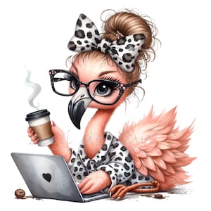 15 Flamingo PNG Clipart, Cute Flamingo With Glasses and Laptop, Digital ...