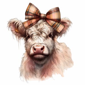 Highland Cow PNG Clipart, 12 White Angus Calf With Plaid Scarf and Bow ...