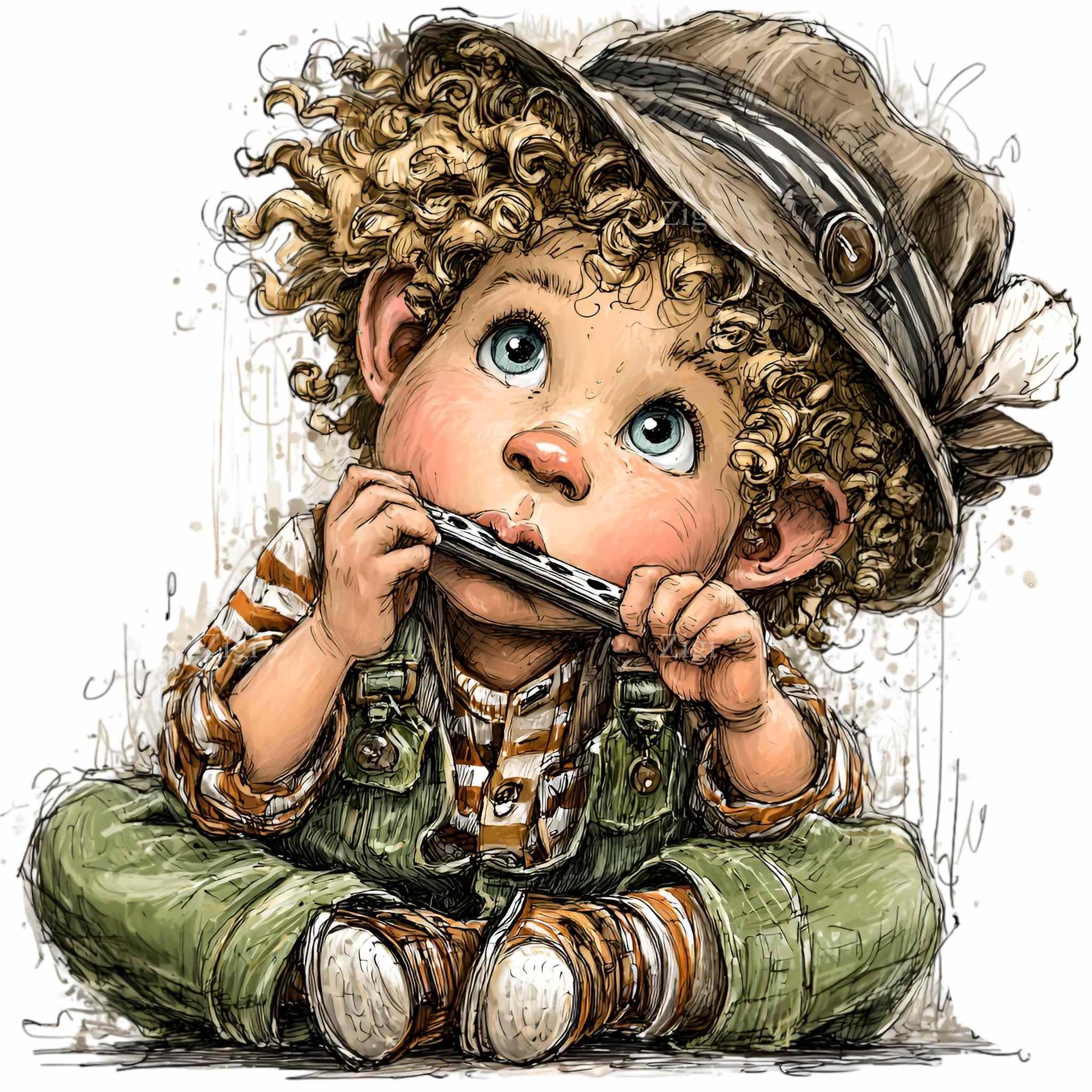 15 PNG Boy Playing Harmonica Clipart – Cute Kid PNG – Vintage Digital ...