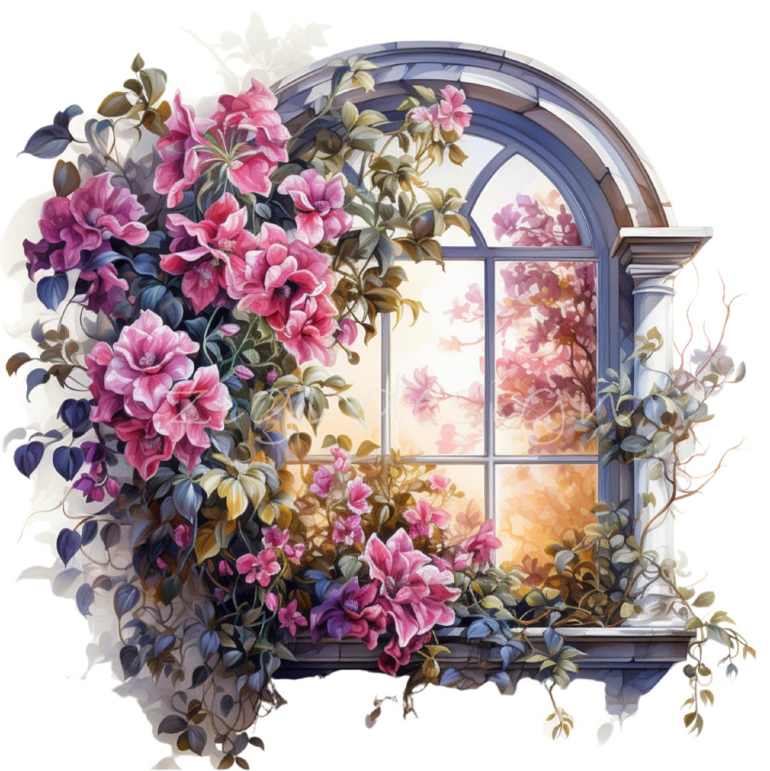 Floral Window Clipart 15 PNG, Watercolor House Flowers Summer Clip Art ...