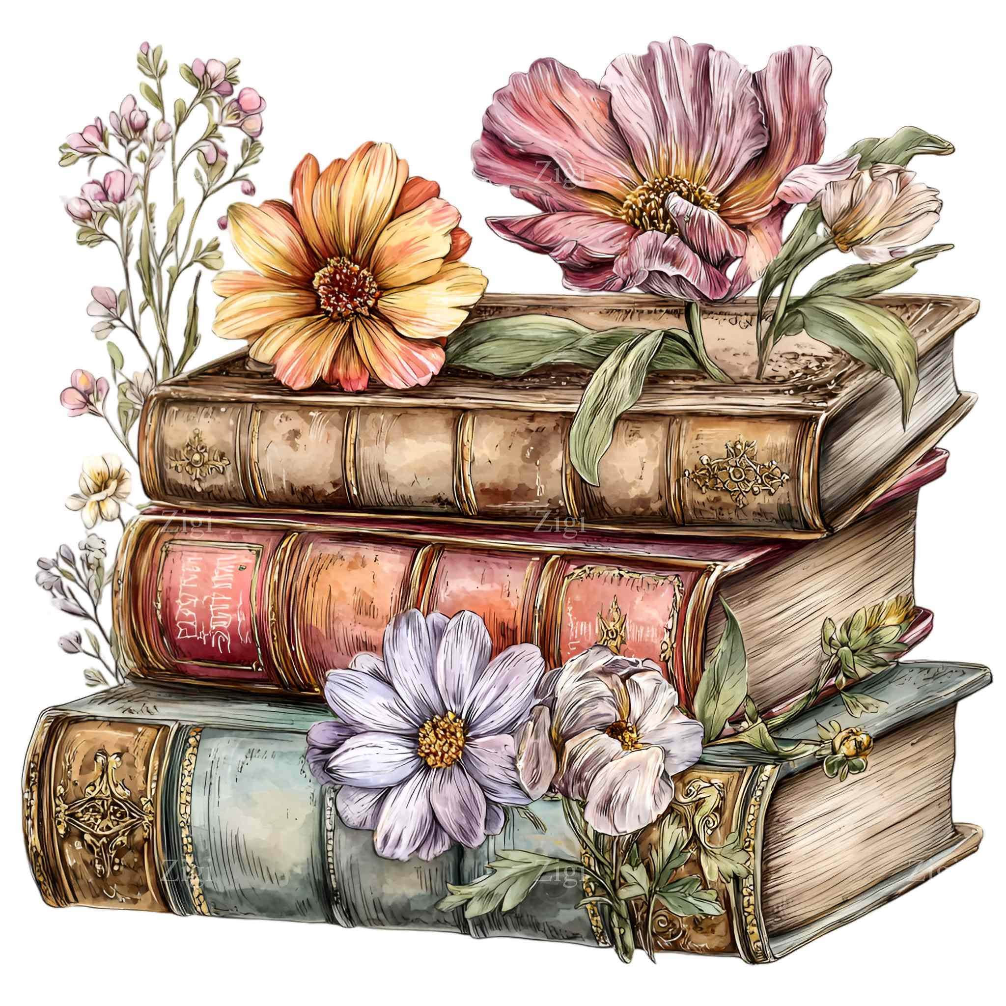 12 PNG Vintage Books Flowers Clipart – Botanical Book Stack ...