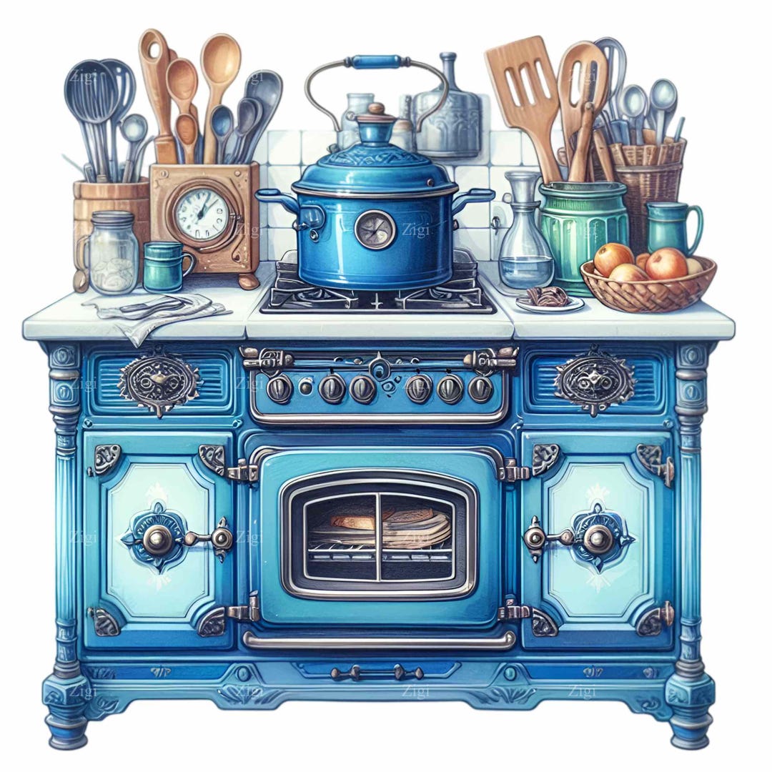 15 Vintage Blue Stove PNG Clipart, Retro Kitchen Illustration, Antique ...