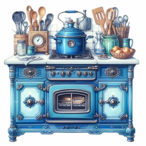 Vintage Blue Stove Clipart PNG, 15 Retro Kitchen Illustration With ...