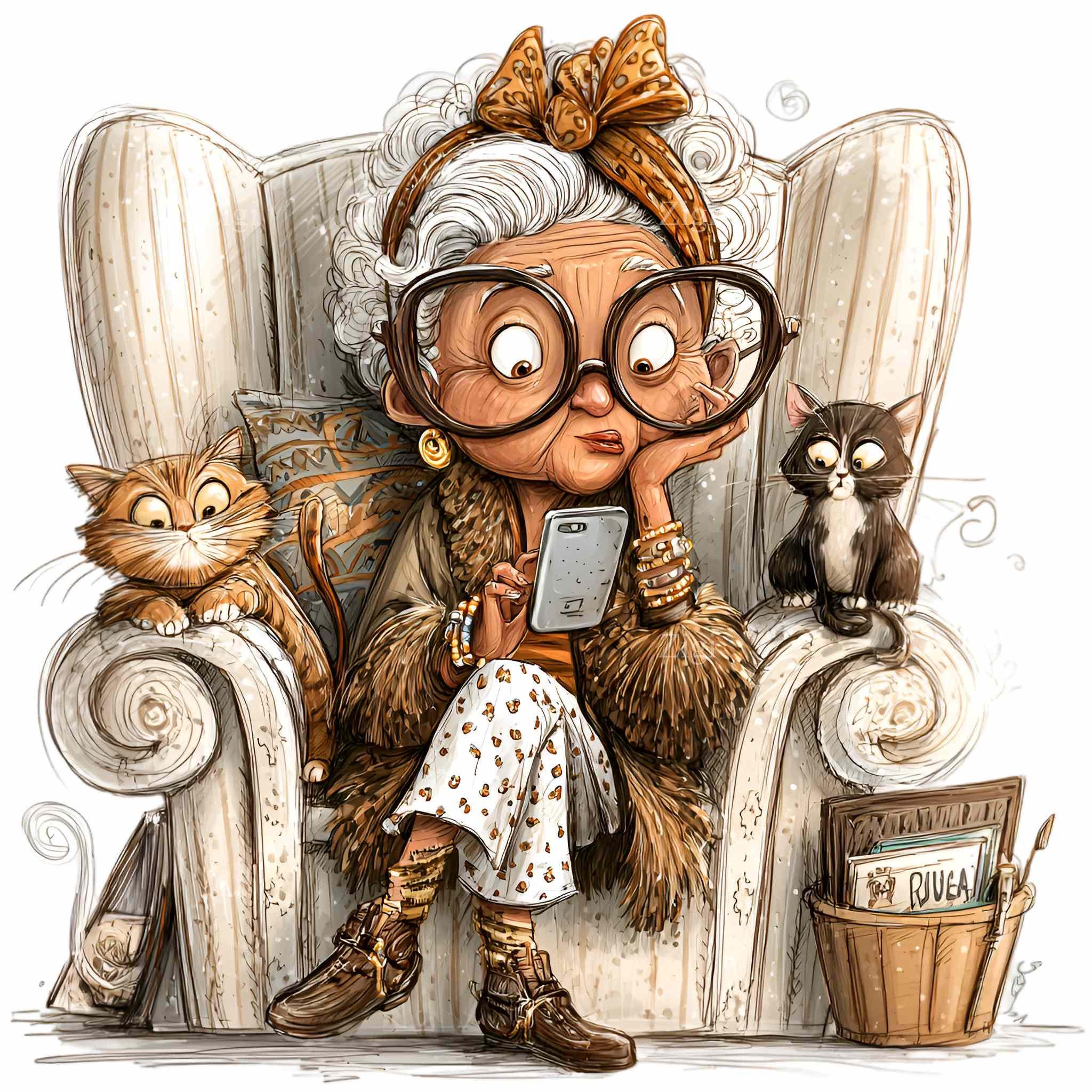 12 PNG Tech Granny Clipart – Funny Grandma With Phone and Cats PNG ...