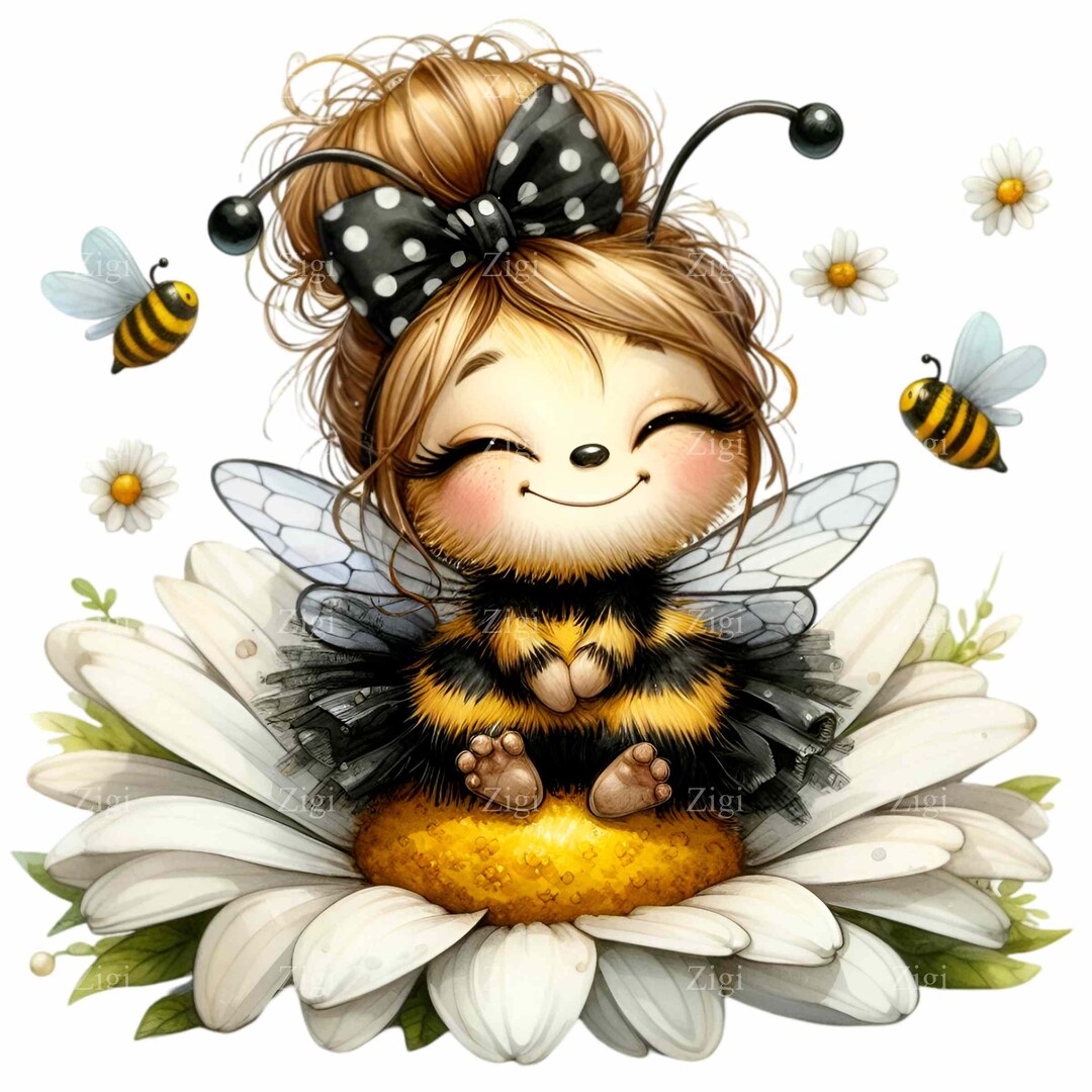 10 Cute Bee Girl PNG Clipart - Adorable Bumblebee Fairy Sitting on ...