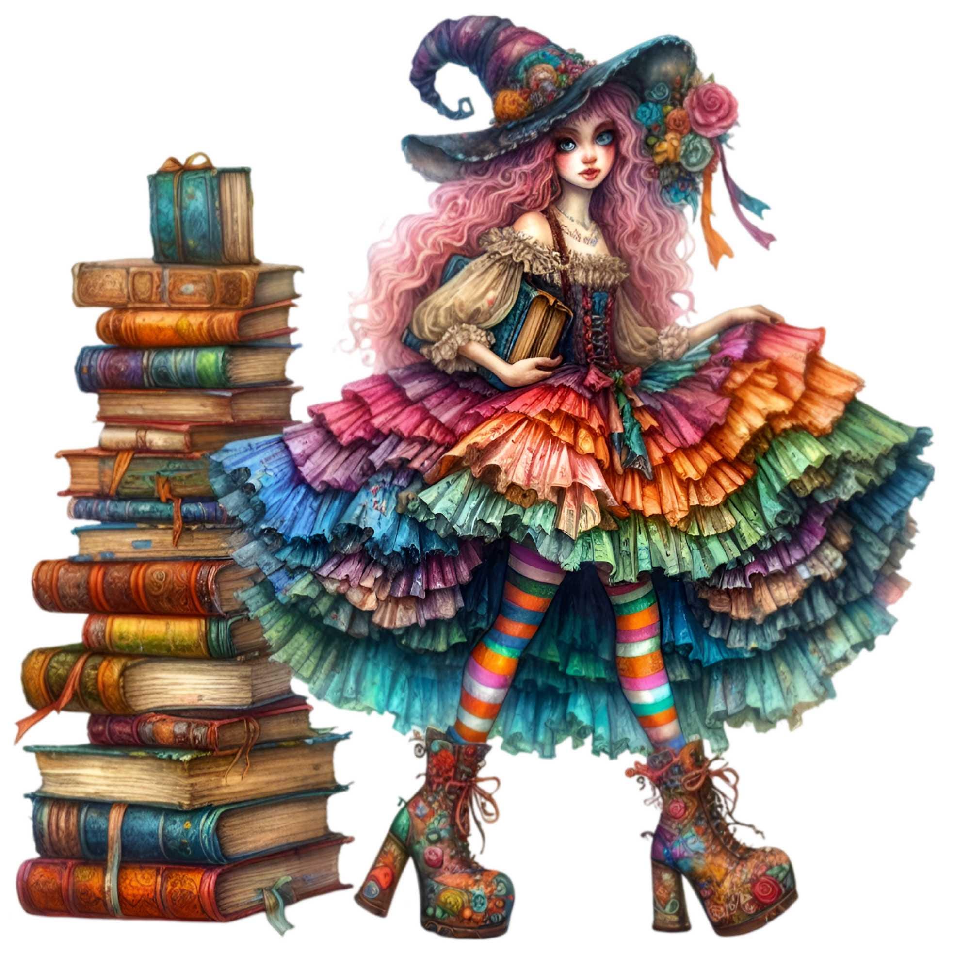 15 Colorful Witch Clipart PNG - Book-loving Witch in Magical Dress ...