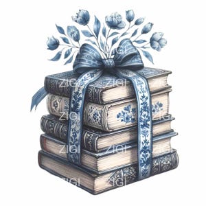 Elegant Blue Floral Books Clipart, 15 Vintage Book Stack Art, Digital ...