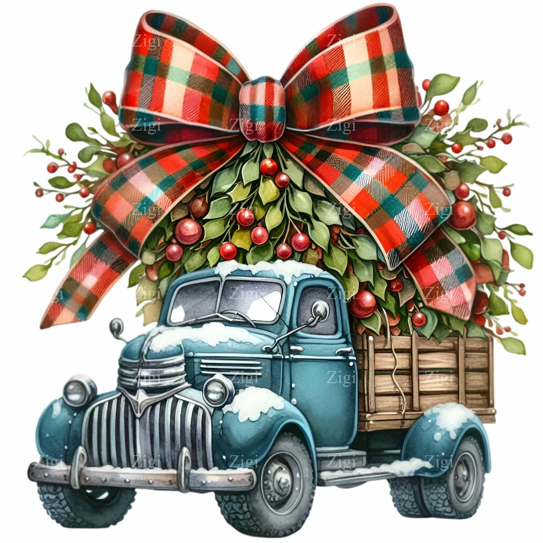 Christmas Truck Clipart PNG 12 Vintage Truck With Plaid Bow, Greenery ...